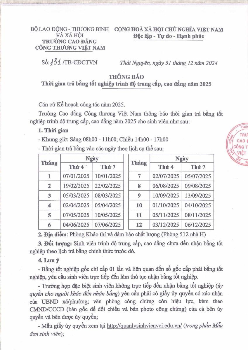 THÔNG BÁO : Thời gian trả bằng tốt nghiệp trình độ trung cấp, cao đẳng năm 2025 - Trường cao ...